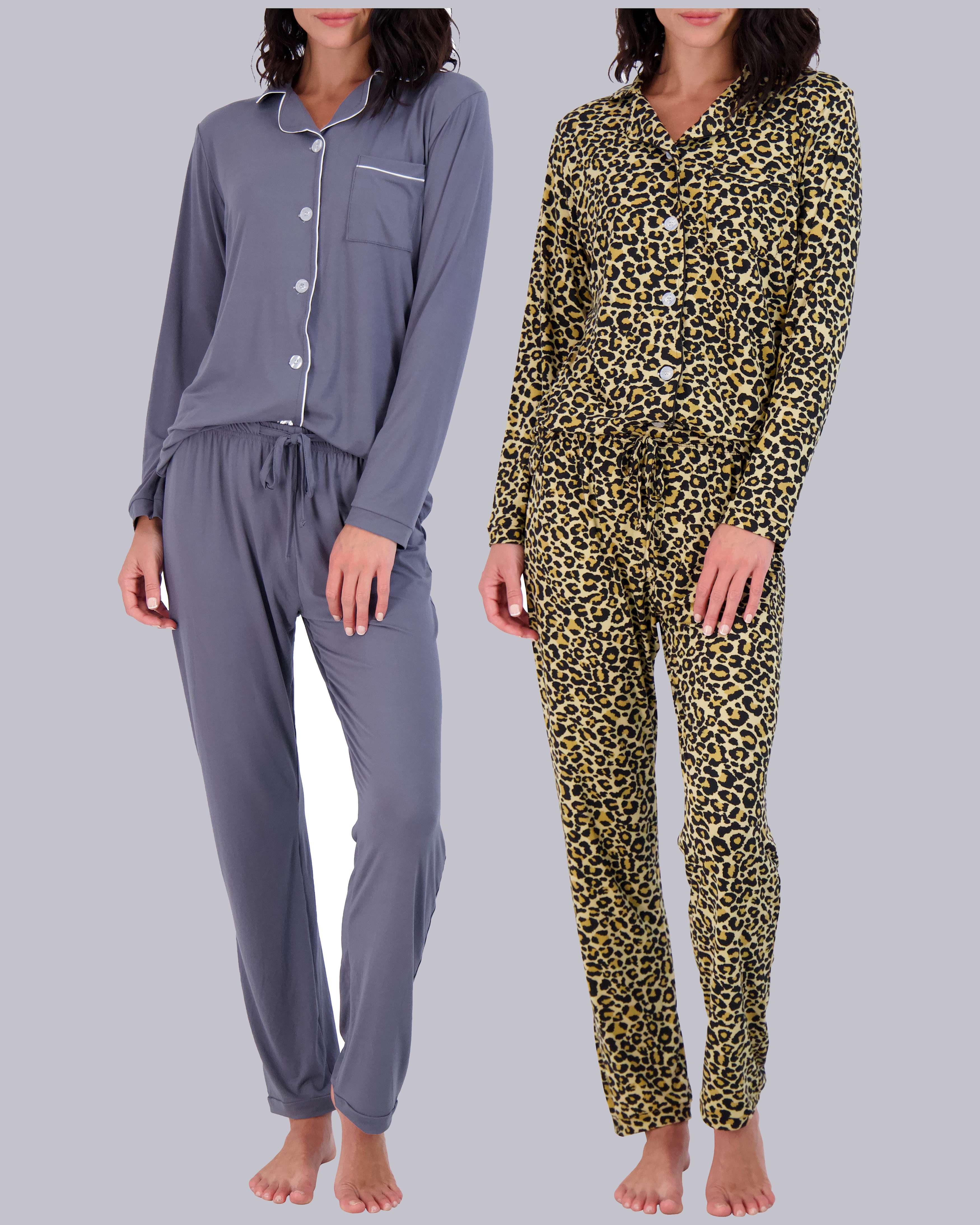 4 Piece Women s Long Sleeve Button Down Pajama Set Real Essentials